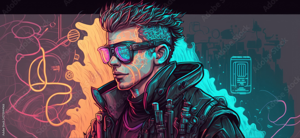 An abstract depiction of a cyberpunk dude. futuristic, high tech man ...