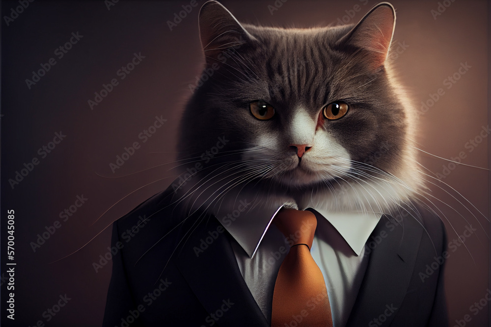 Humanized cat dressed in a formal business suit. Cat wearing tie and ...