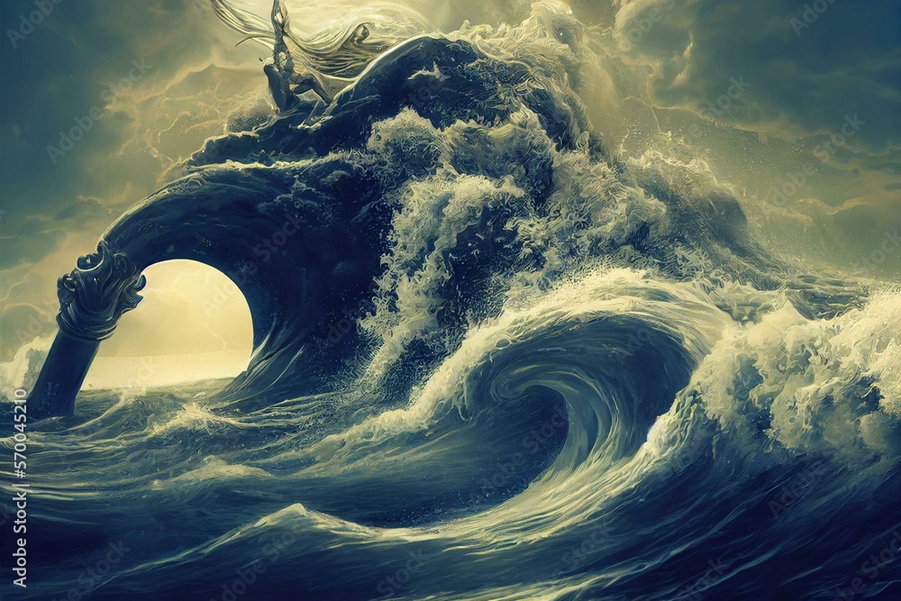 Giant poseidon coming out of the stormy sea. Greek mythological god ...