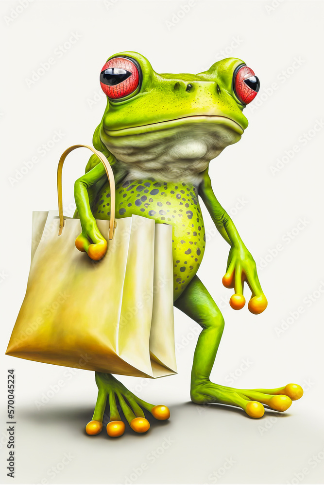 Cute green frog shopping with store bag against white background ...