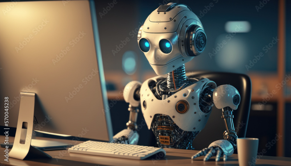 AI chatbot robot assistant sitting at desk using computer as artificial ...