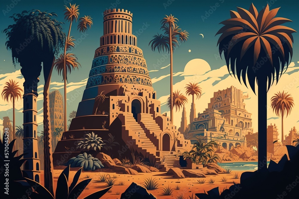 Ancient city of Babylon with the tower of Babel, bible and religion ...