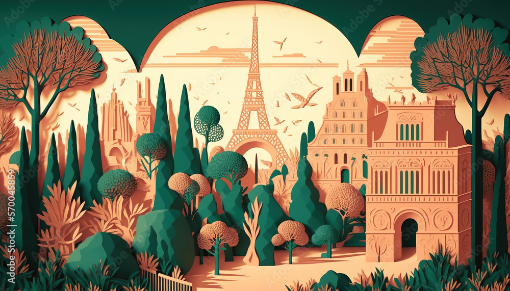 Paris landscape illustration. Eiffel Tower France. Multi layers, Paper ...