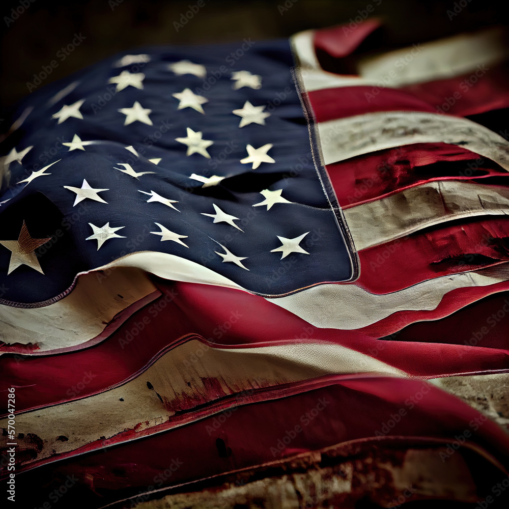 stylized flag of USA with erosion effect and blood spatter, ai ...
