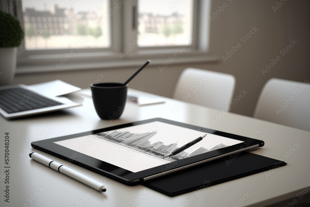 Modern ultra-thin tablet on a table, related to portable technology ...