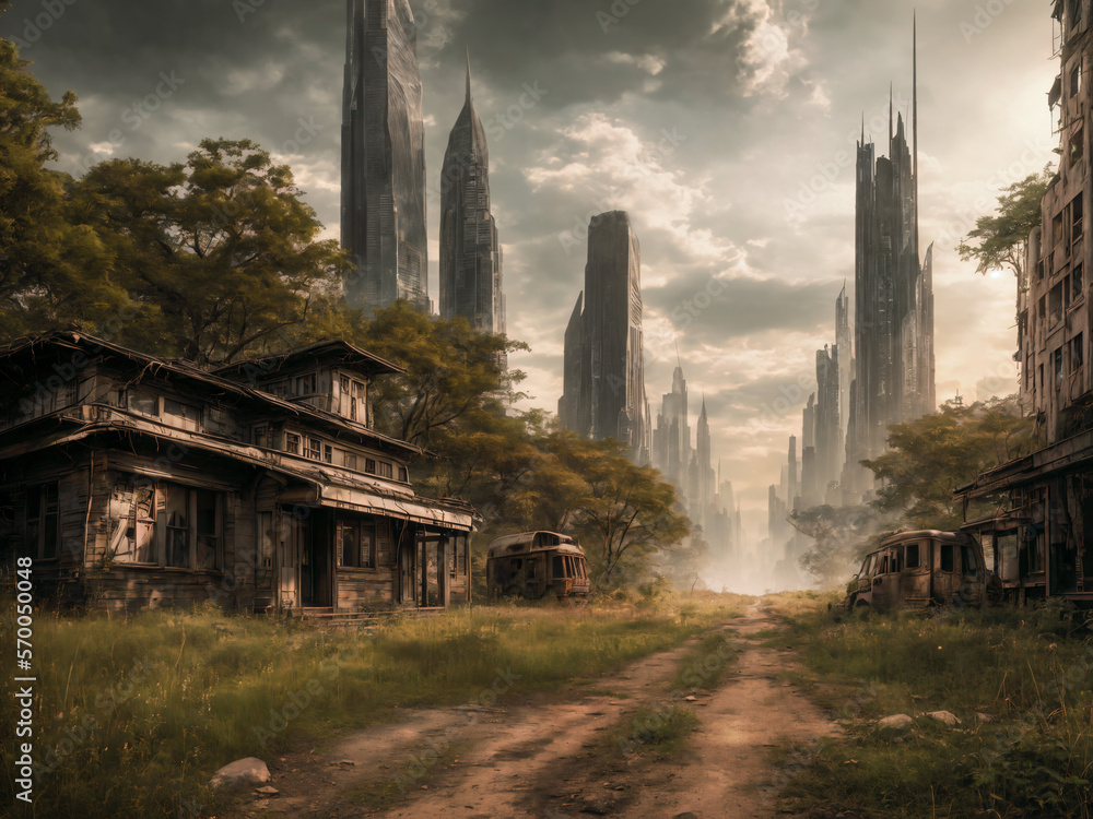 Ilustração do Stock: The last people have left this destroyed city. Now ...