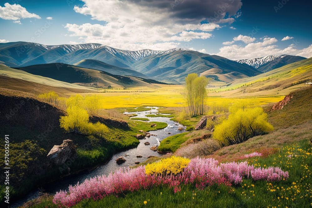Beautiful spring landscape, mountains, flowers, art illustration Stock ...
