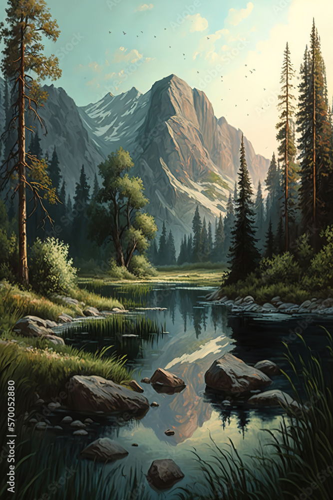painting natural landscape. mountain meadows, trees, river jets, rocks ...