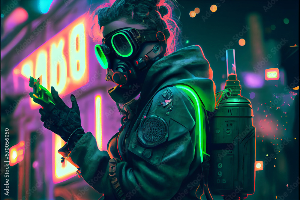 Cyberpunk girl wearing futuristic gas mask with protective green ...