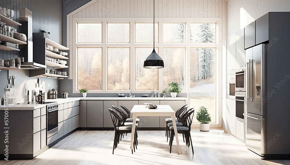 4K resolution or higher, Residential interior of modern kitchen in ...