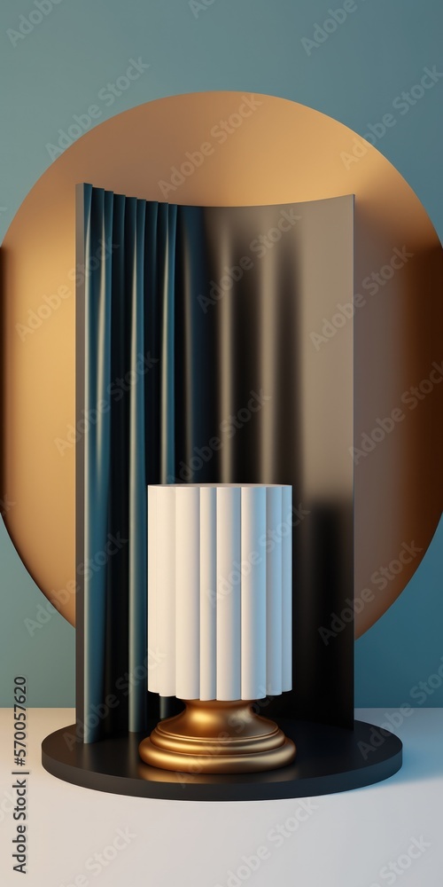 pedestal with a copper border and an empty blue and black cylinder ...