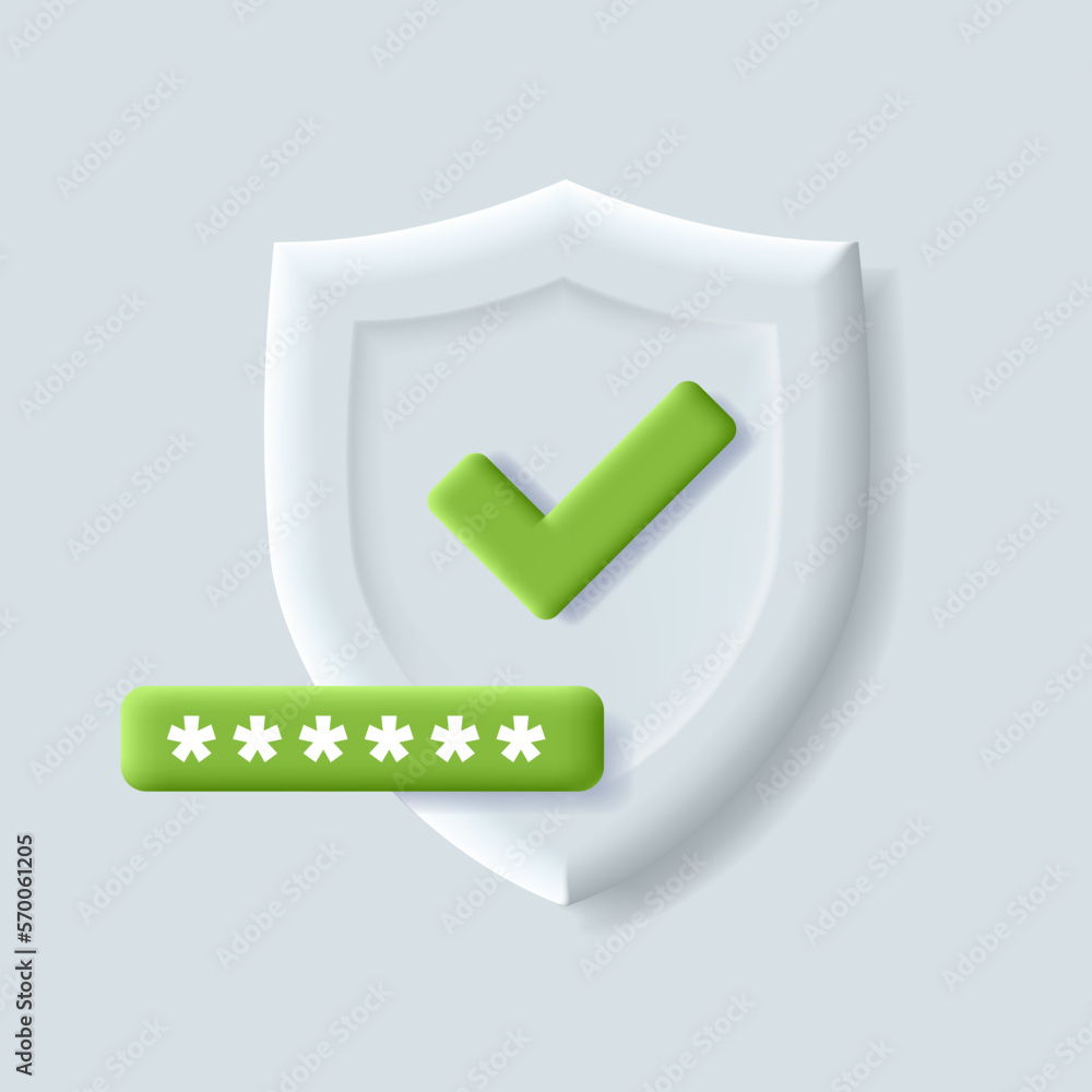 White shield with a green check mark, password input button ...