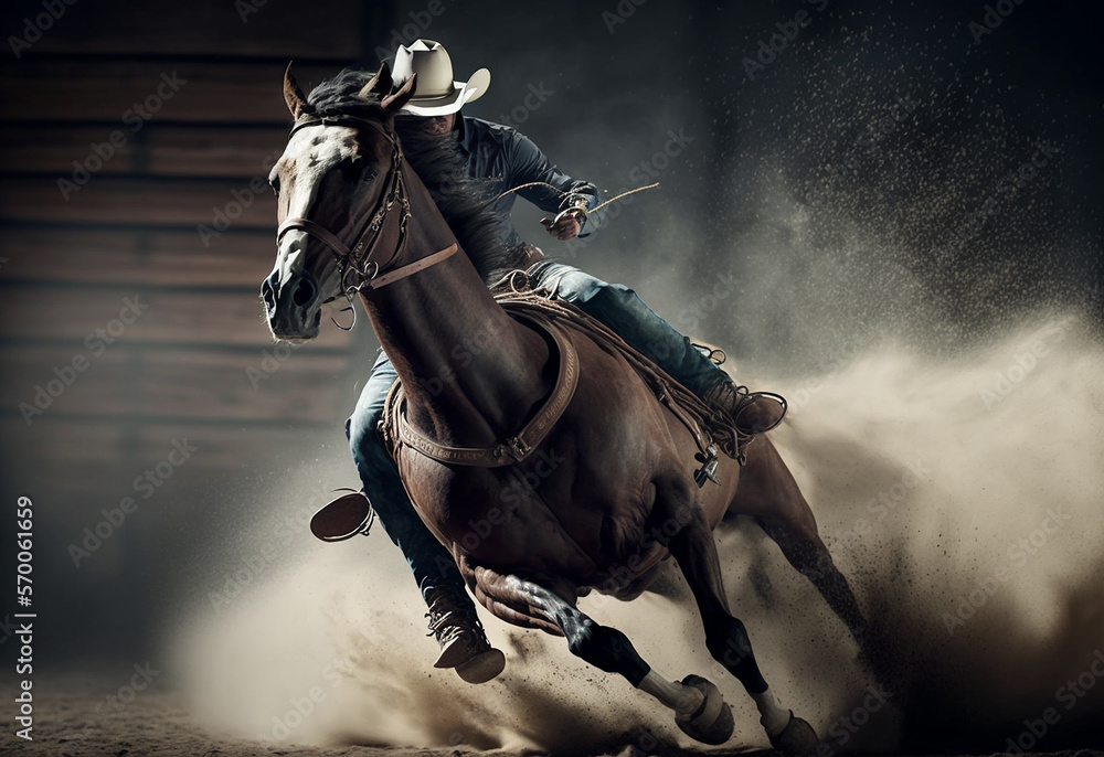 Cowboy riding a bucking bronco horse in a dusty rodeo arena, generative ...