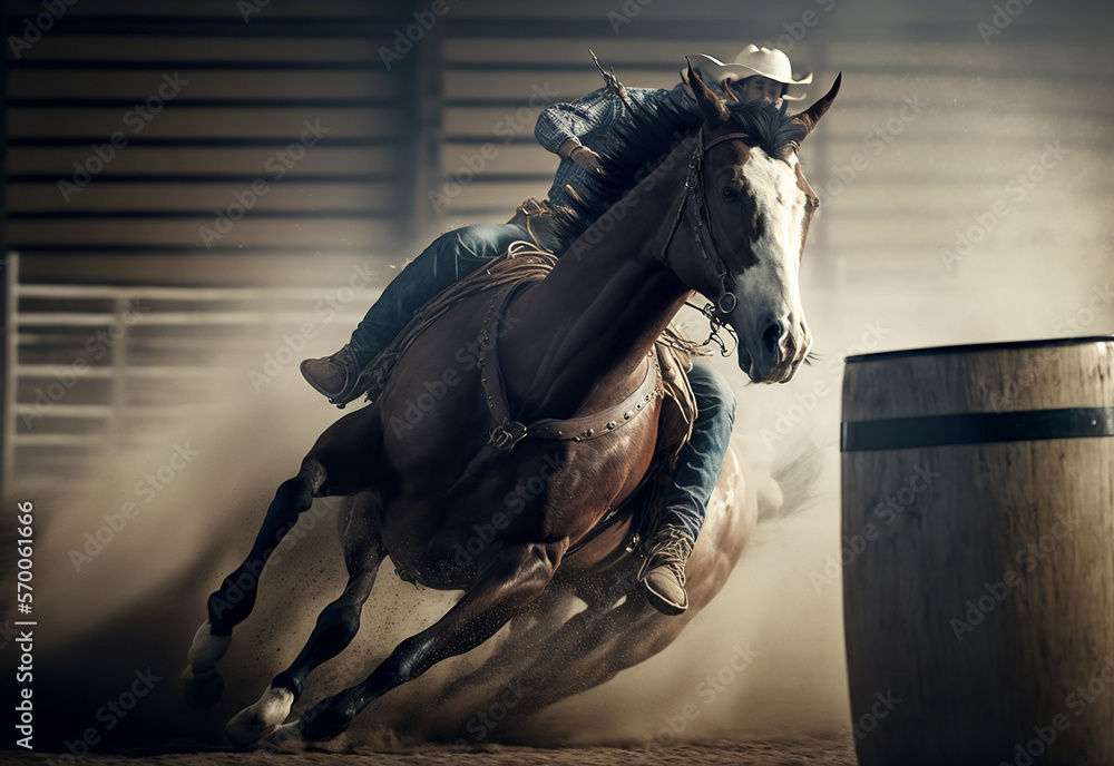 Cowboy competing in a barrel racing event at a dusty rodeo, generative ...