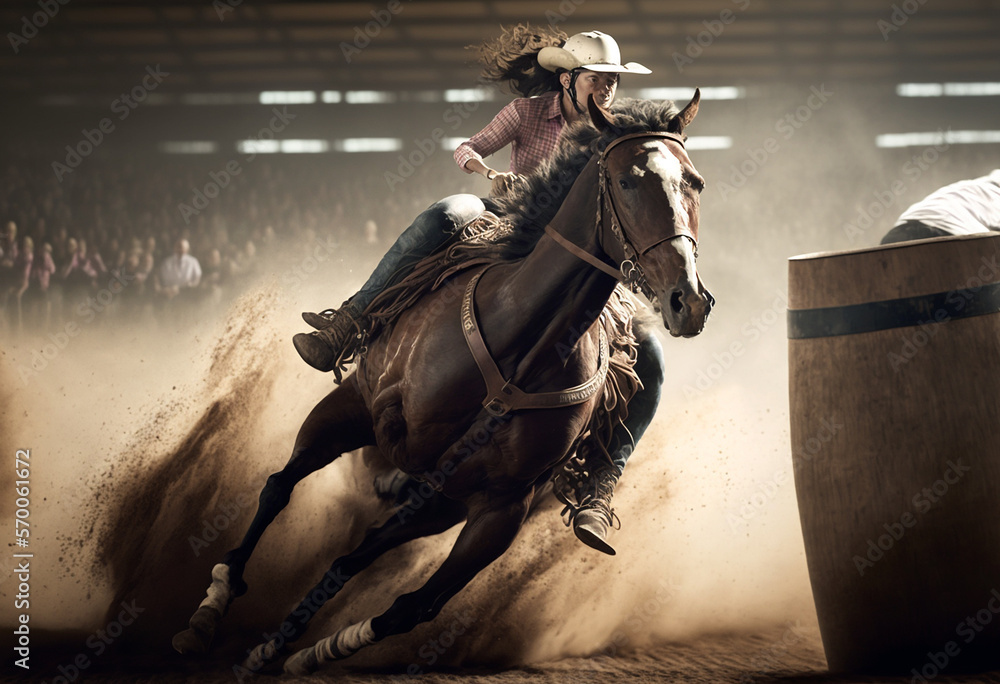 Cowboy competing in a barrel racing event at a dusty rodeo, generative ...