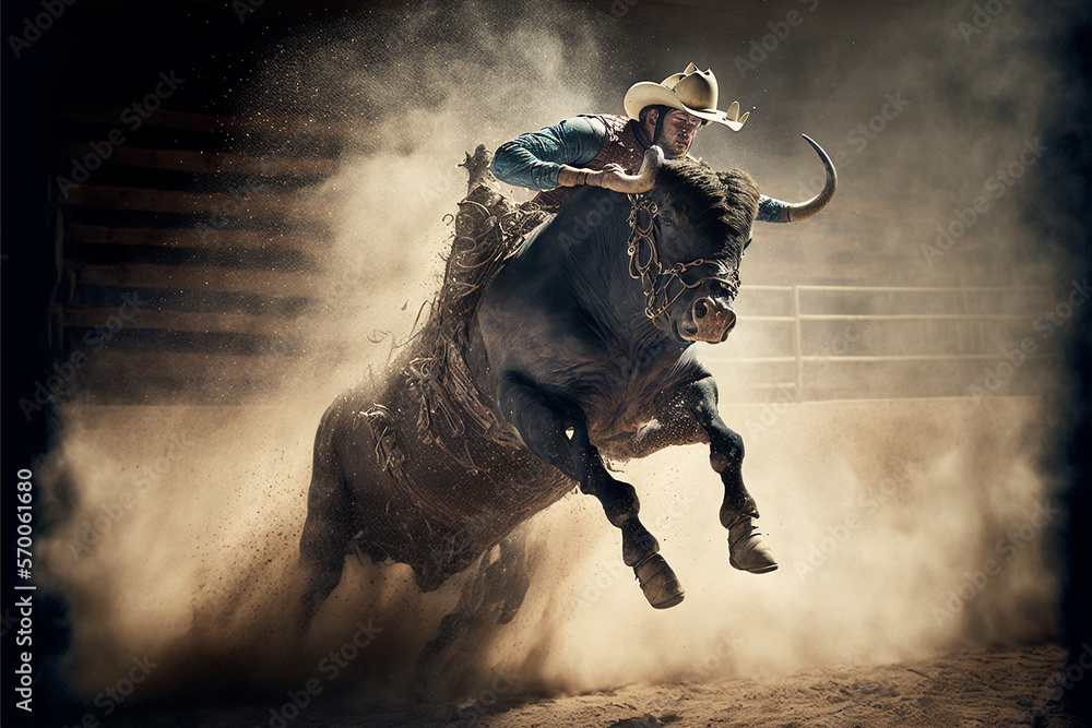 Bucking bull riding in the dusty arena of a country rodeo, generative ...