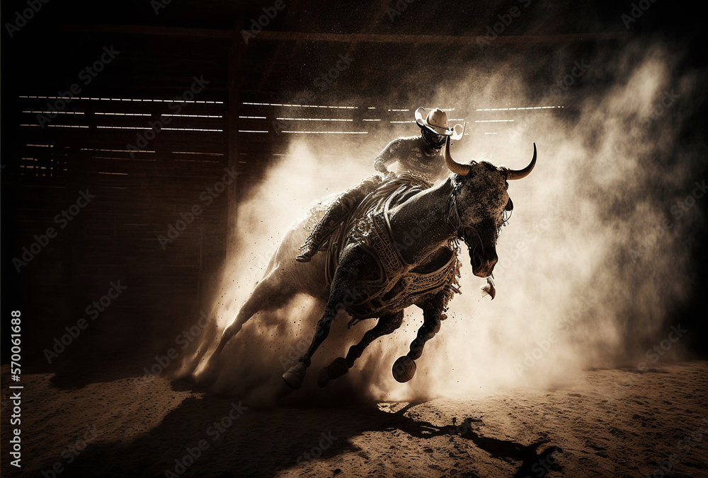 Bucking bull riding in the dusty arena of a country rodeo, generative ...