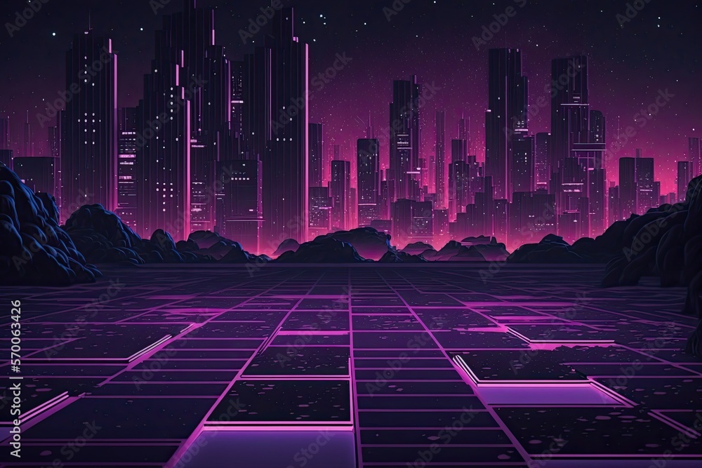Retrowave futuristic city with neon grid. Generative ai. Stock ...