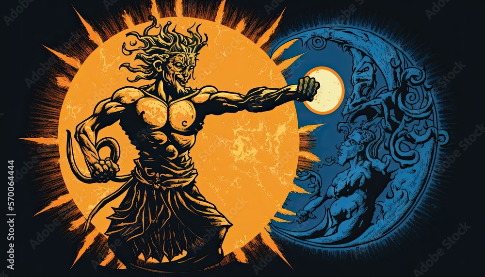 Illustrative depiction of a sun and moon god battle Generative AI Stock ...