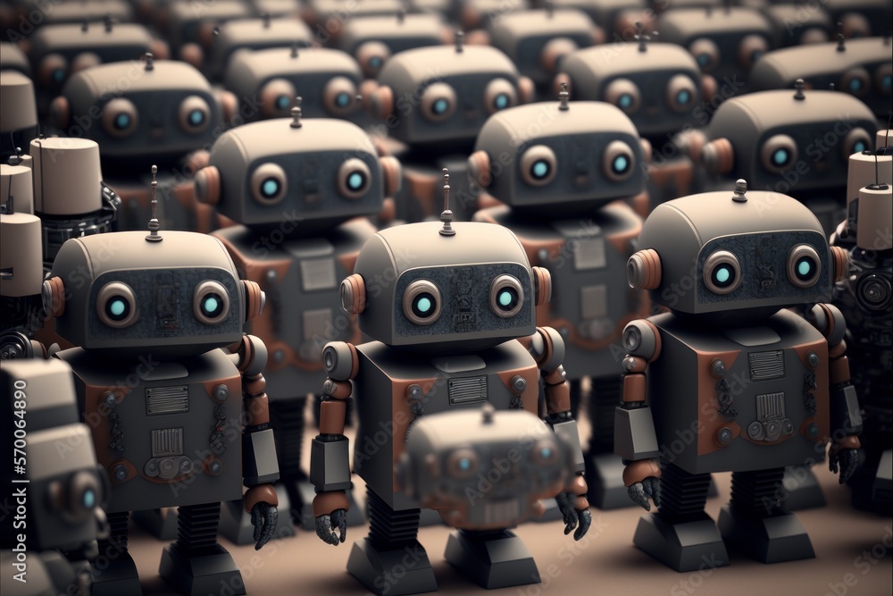 Army of small 3d robots lined up in rows Stock Illustration | Adobe Stock