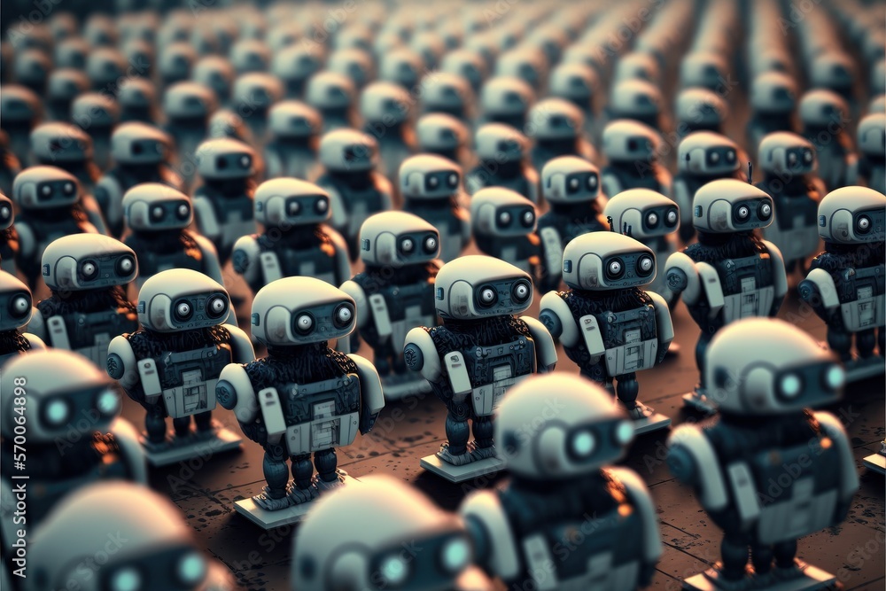 Army of small 3d robots lined up in rows Stock Illustration | Adobe Stock