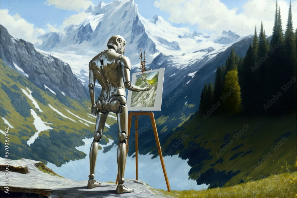 Robot using generative ai, painting at an easel in the mountains Stock ...