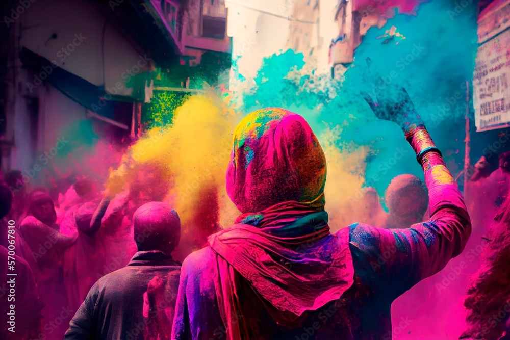 People celebrating the Holi festival of colors in Nepal or India ...