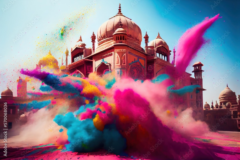 Celebration of Holi festival of colors in Nepal or India. Temples in ...