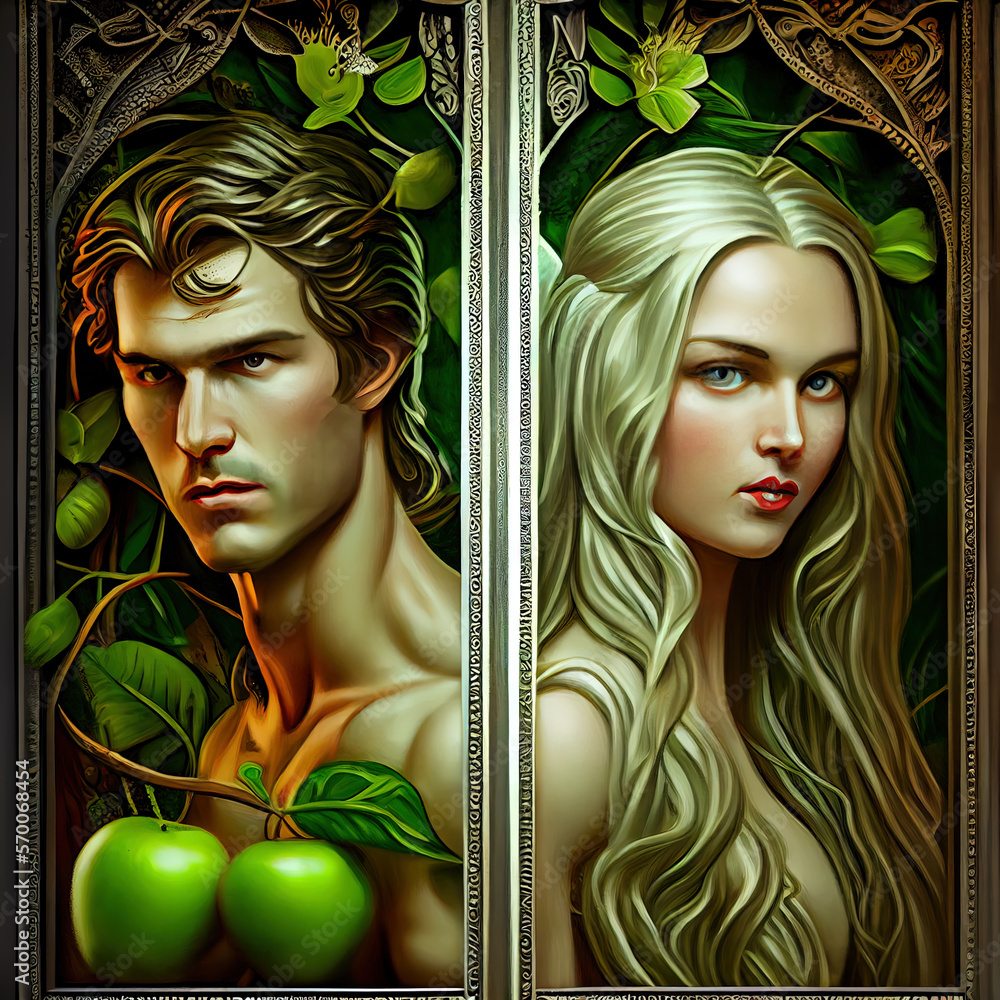 man, woman and the forbidden apple, Adam & Eve concept, artists ...