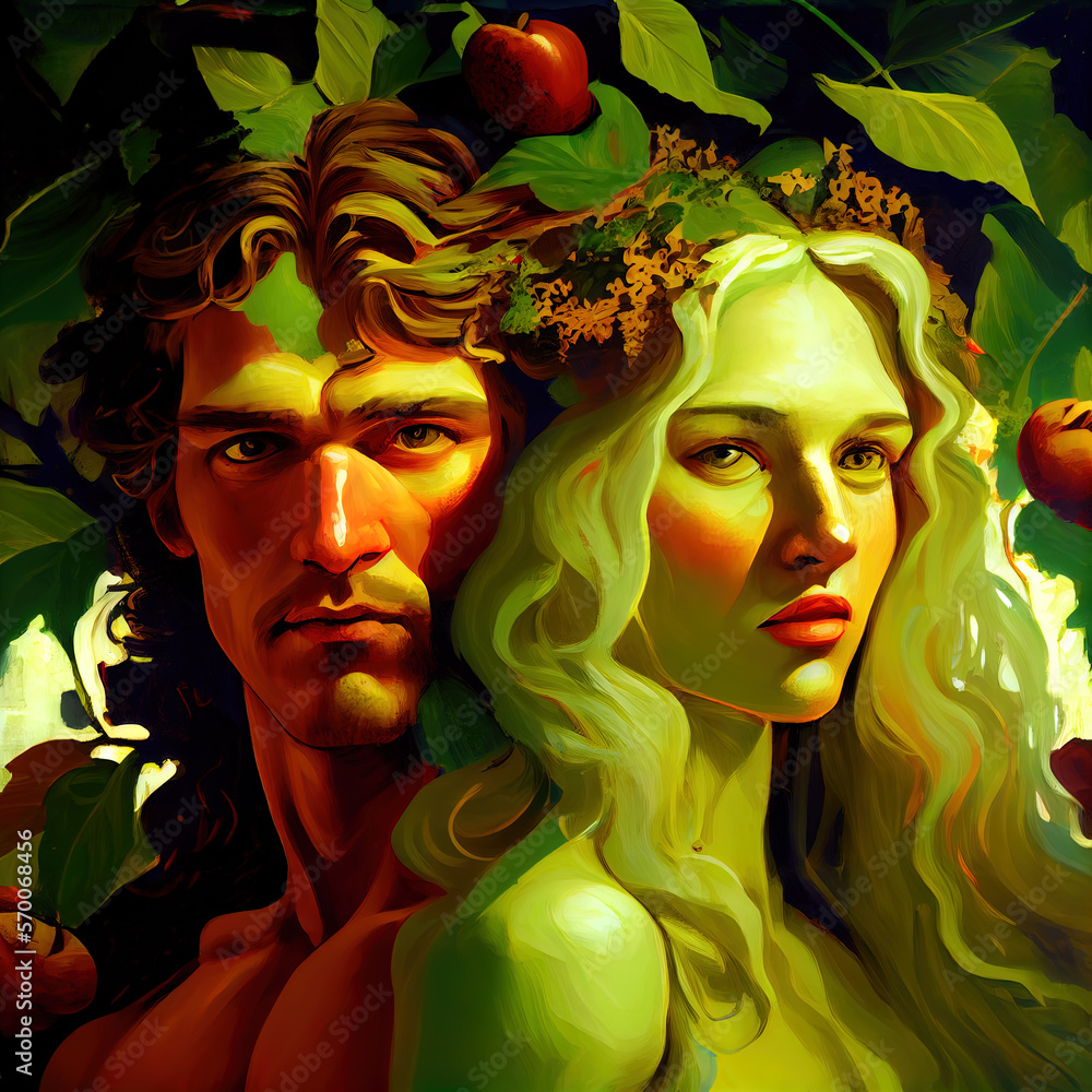 man, woman and the forbidden apple, Adam & Eve concept, artists conceptualization, ai generated ...