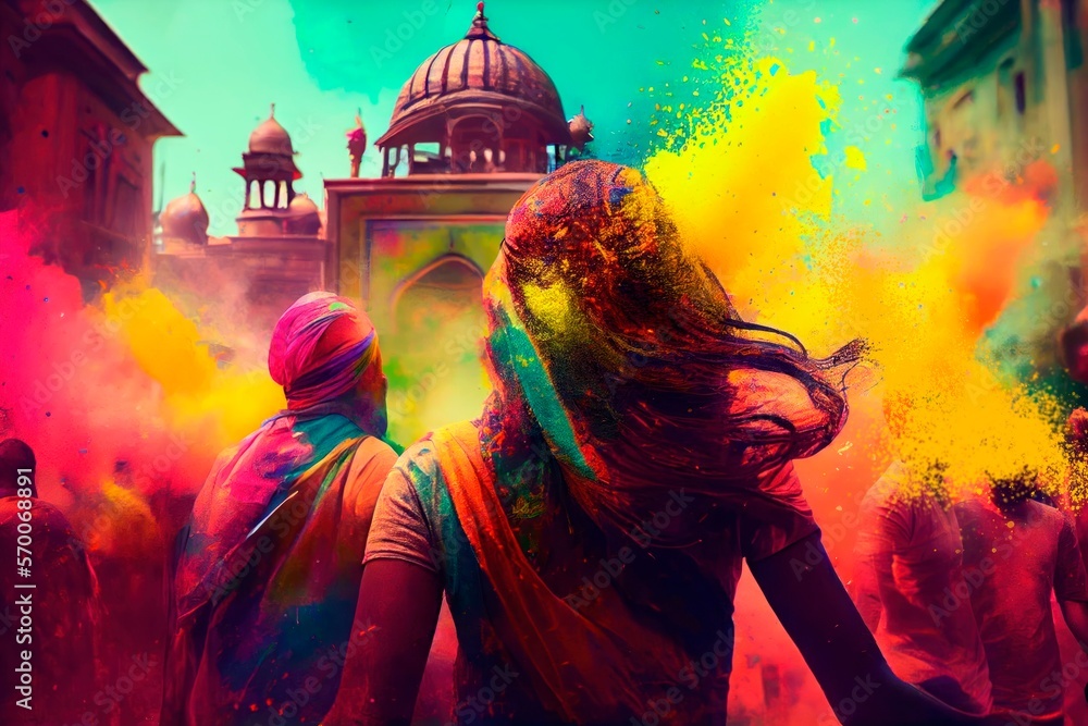 People celebrating the Holi festival of colors in Nepal or India ...