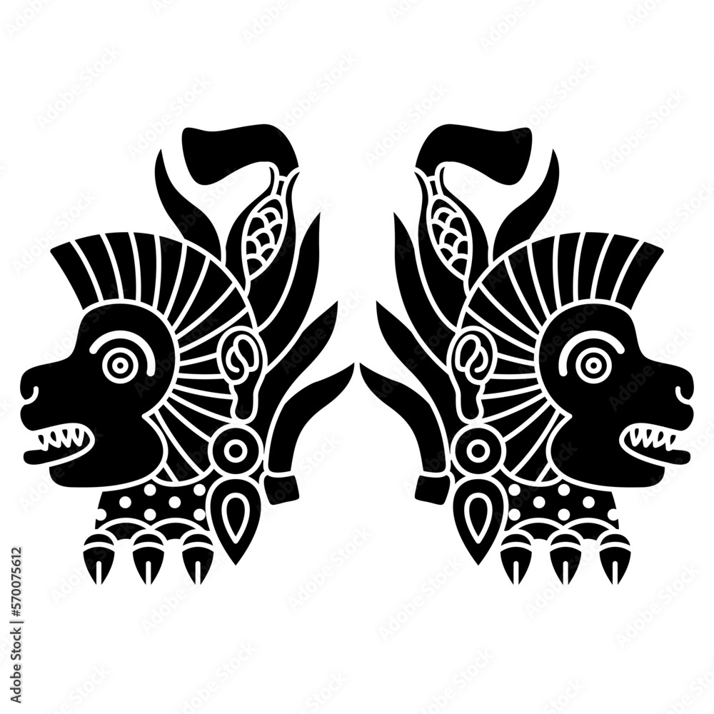 Symmetrical design with two monkey heads wearing earring and plumage ...