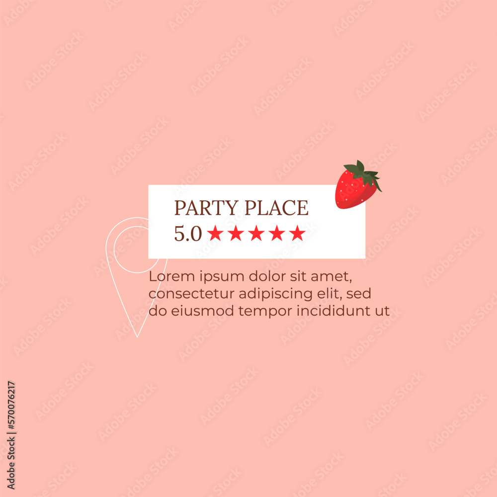 Location icon, party address. Strawberry birthday invitation on pink ...