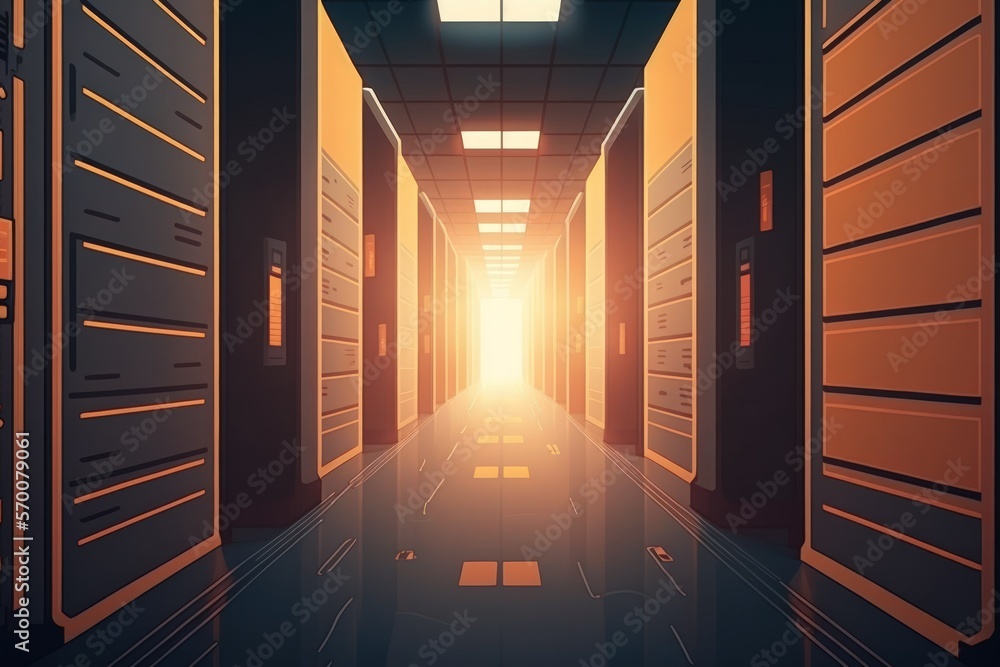 With tall racks full of network servers and storage blades with ...