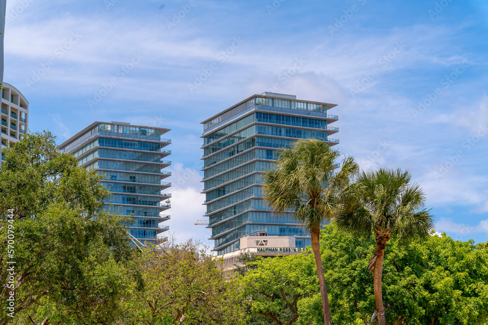 MIAMI, FLORIDA - CIRCA MAY, 2022: Modern glass towers against blue sky ...