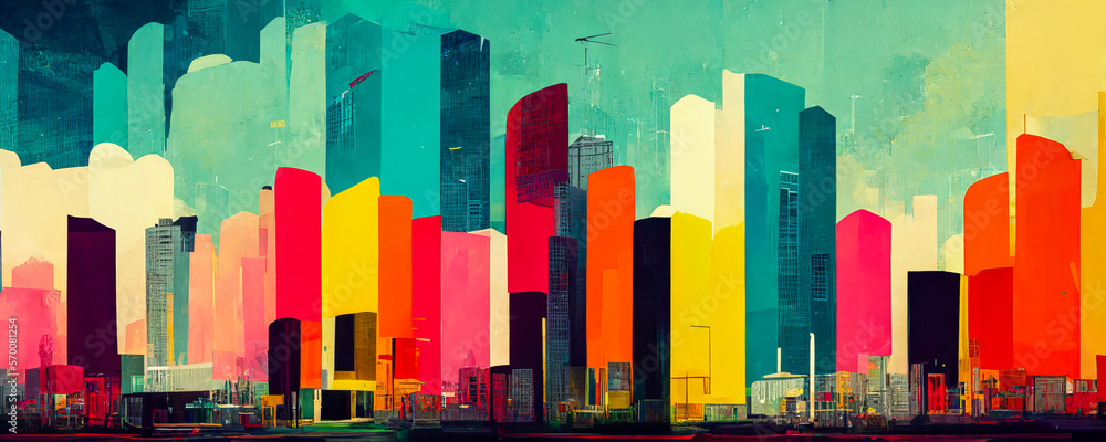 A colorful mural of the modern urban landscape - skyscrapers and ...