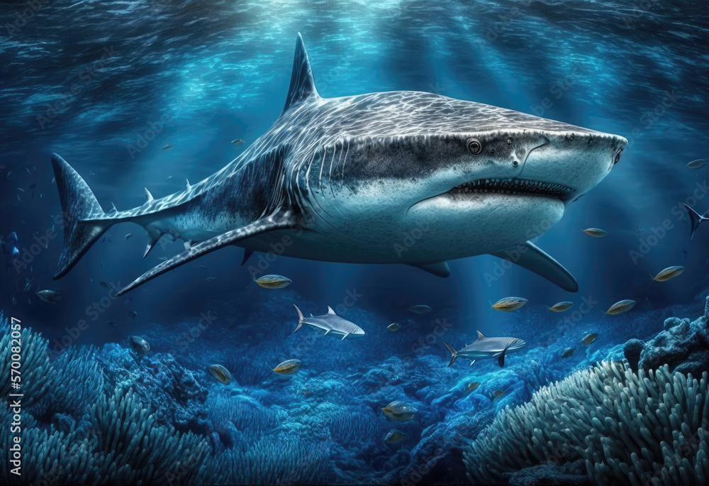 shark in the dark ocean created with Generative AI technology Stock ...