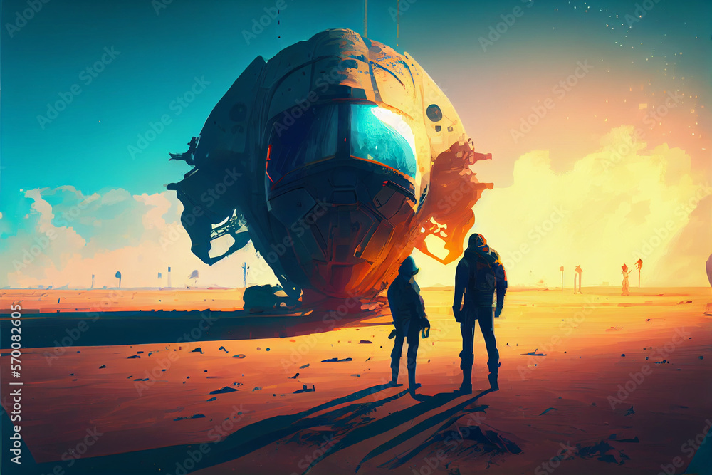 the encounter between two futuristic humans with the spaceship in the ...