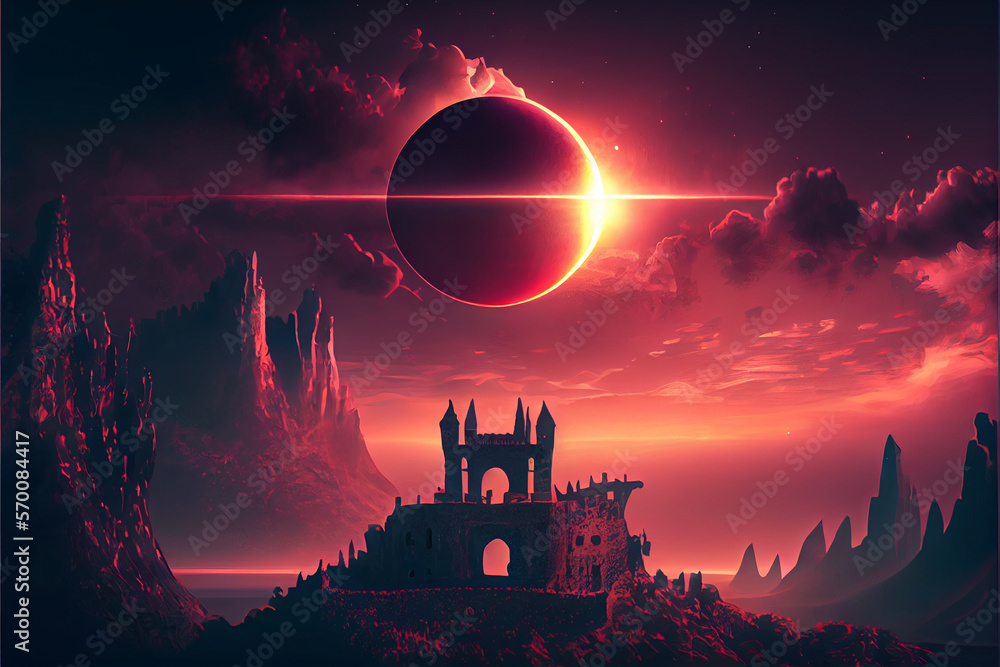 red sky and old castle with towers on the hills. Landscape of mountains ...