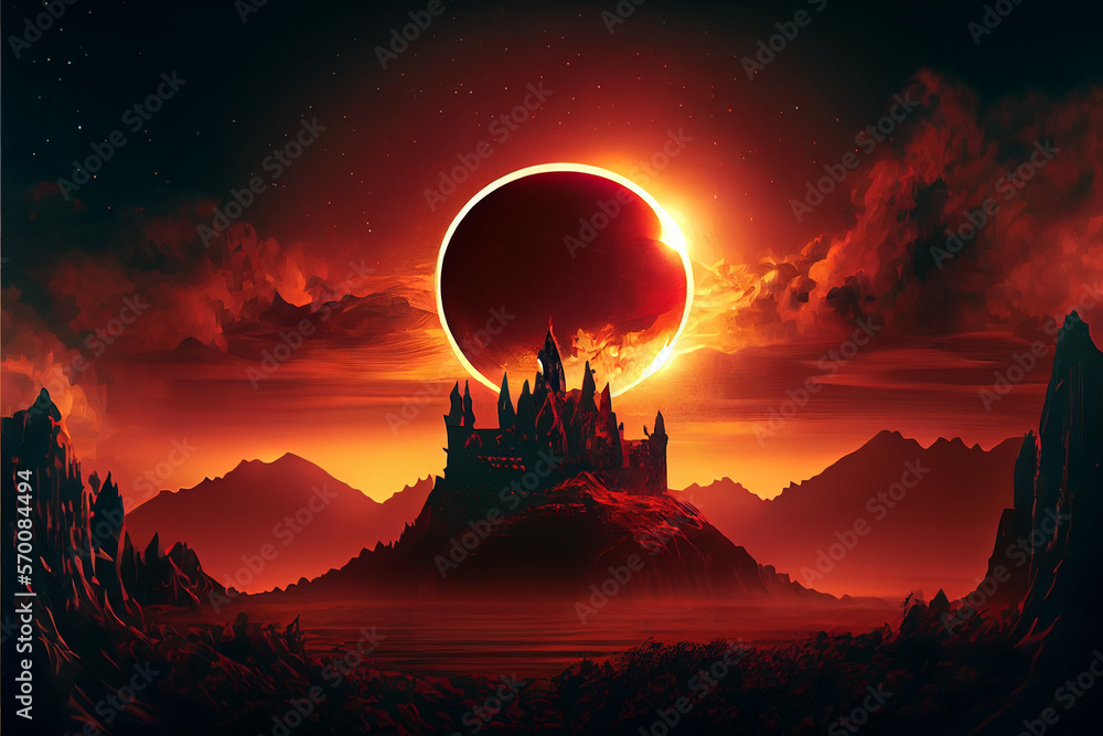 red sky and old castle with towers on the hills. Landscape of mountains ...