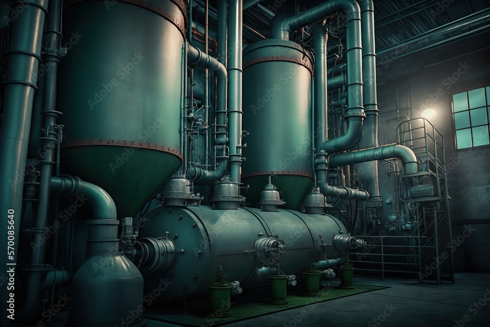 Chemical tanks and pipes in a factory producing industrial chemicals ...