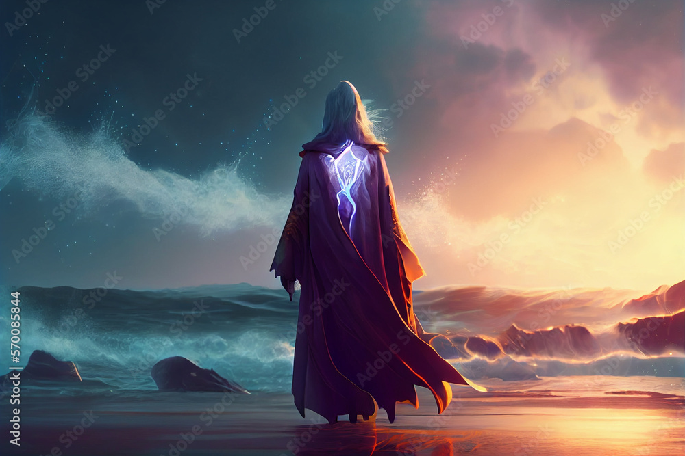 Theta energy person with aura Healing energy standing near the ocean ...