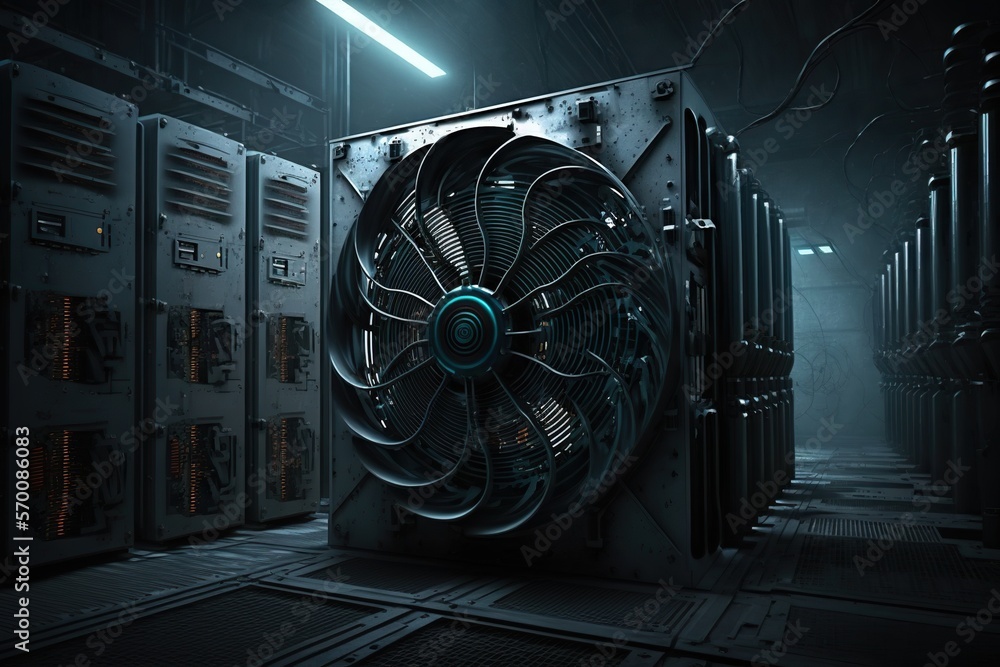 Industrial ventilator cooling a large computer server room, concept of ...