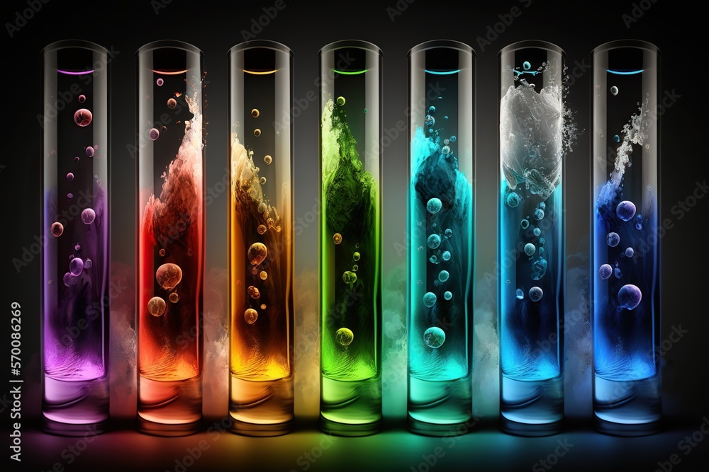 Many chemical test tubes with chemical reaction insid, concept of Test ...