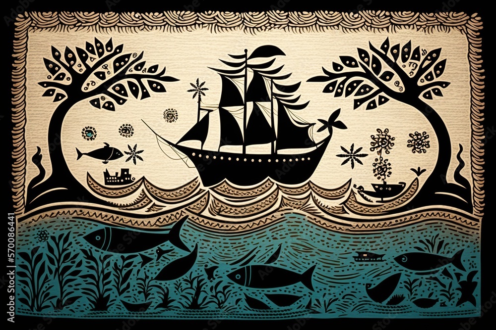 Ocean painted in warli style, concept of Folk Art and Tribal Art ...