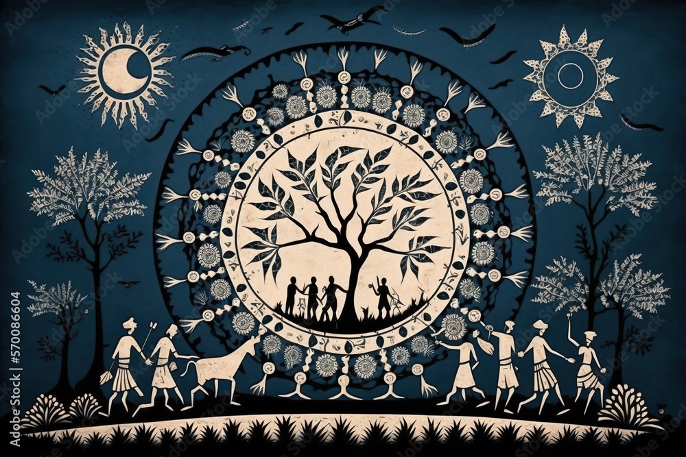 Sky painted in warli style, concept of Folk Art and Tribal Art, created ...