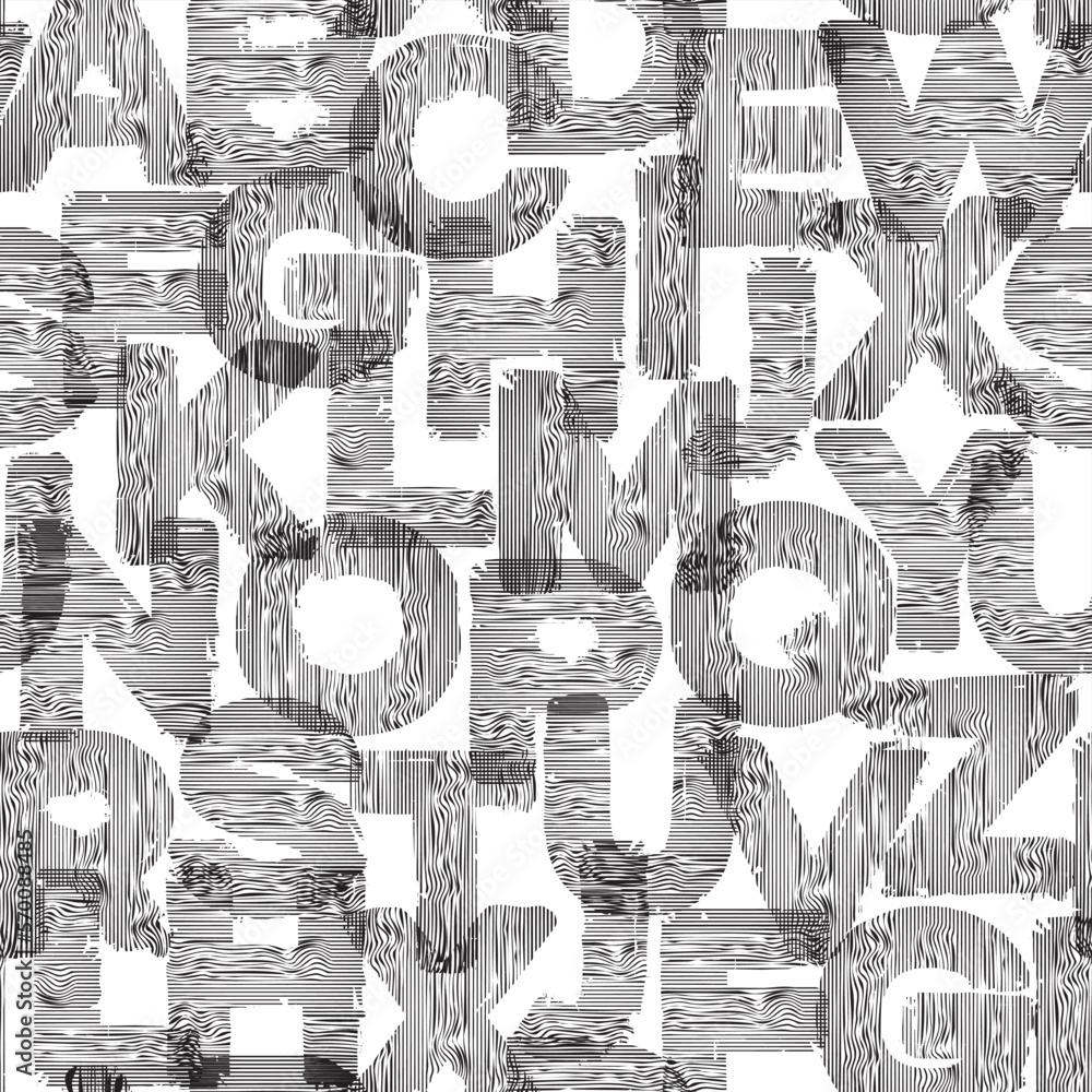 black and white seamless pattern of English letters with textile ...