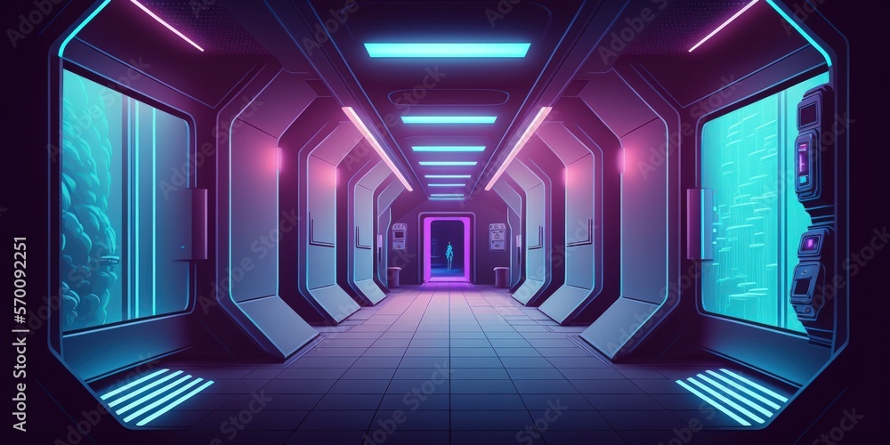 spacecraft corridor with a blue purple neon lit background. notion of ...