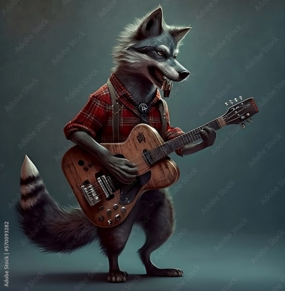 Wolf Standing Upright Playing a Guitar. Generative AI illustration ...