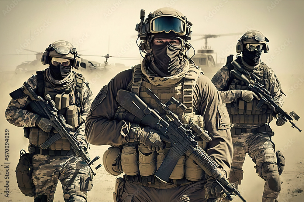 An illustration depicts a Special Forces military unit, equipped in ...